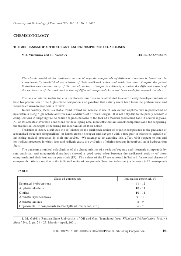 (PDF) The Mechanism of Action of Antiknock Compounds in Gasolines