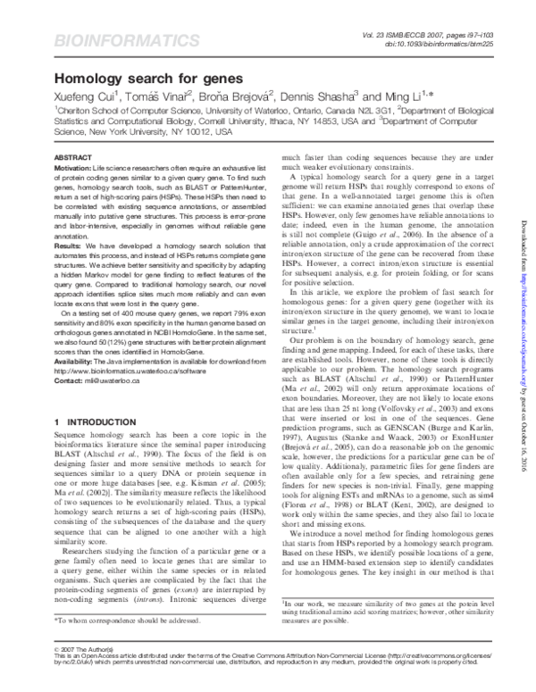 Pdf Homology Search For Genes