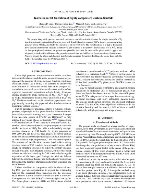 (PDF) Insulator-metal transition of highly compressed carbon disulfide