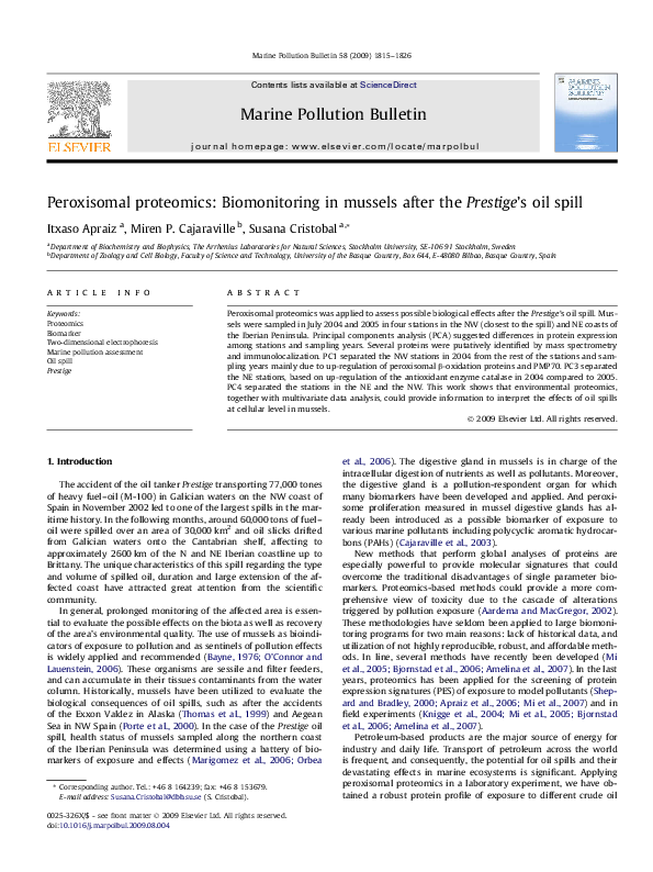 (PDF) Peroxisomal proteomics: Biomonitoring in mussels after the ...