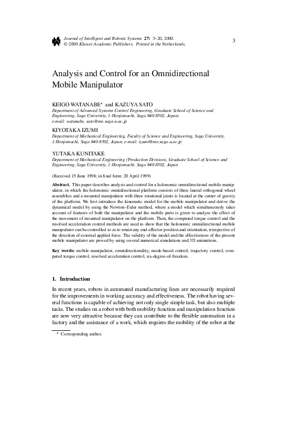Pdf Analysis And Control For An Omnidirectional Mobile Manipulator