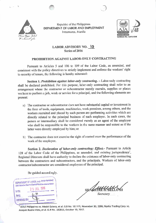 (PDF) Labor Advisory No. 10-2016: Prohibition Against Labor-Only ...