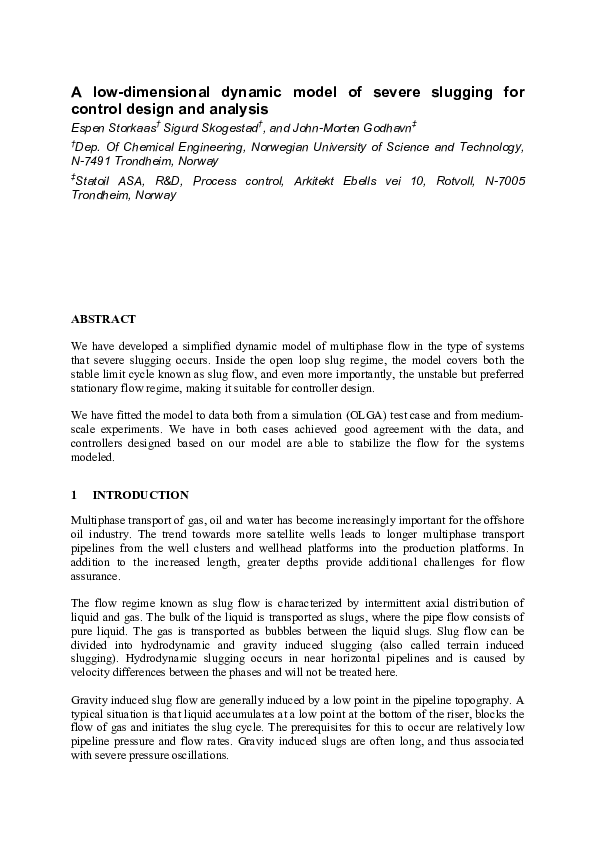(PDF) A low-dimensional dynamic model of severe slugging for control design and analysis