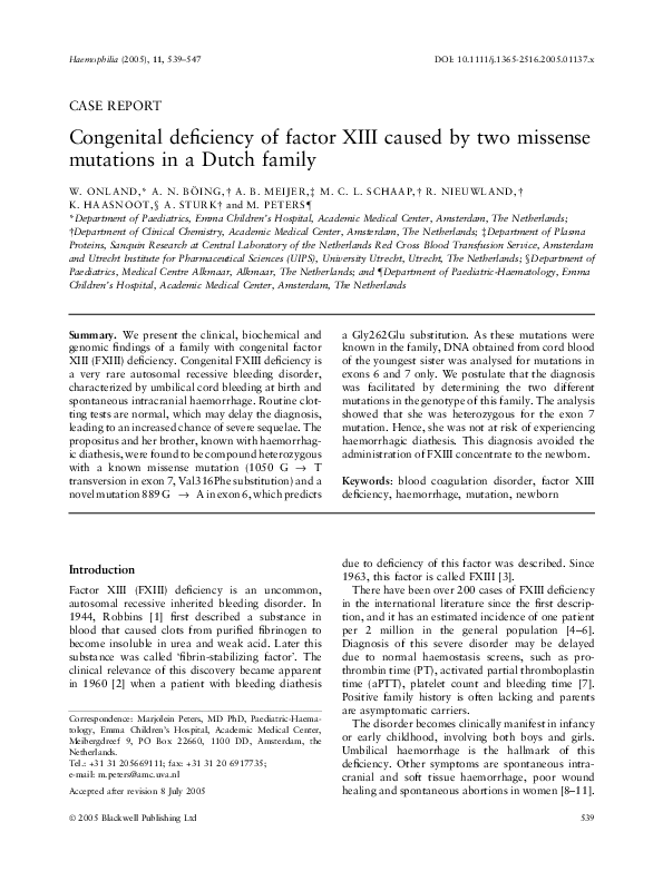 (PDF) Congenital deficiency of factor XIII caused by two missense ...