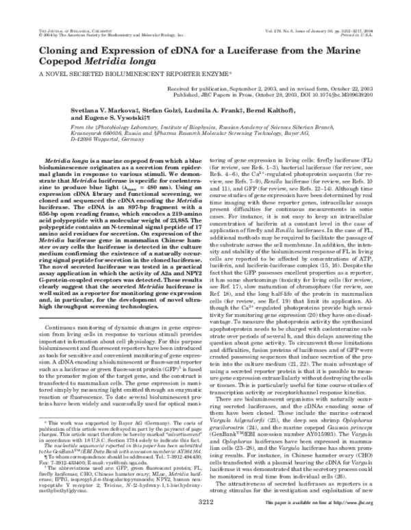 (PDF) Cloning and Expression of cDNA for a Luciferase from the Marine ...