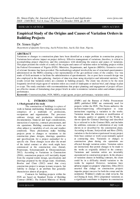 (PDF) Empirical Study of the Origins and Causes of Variation Orders in ...