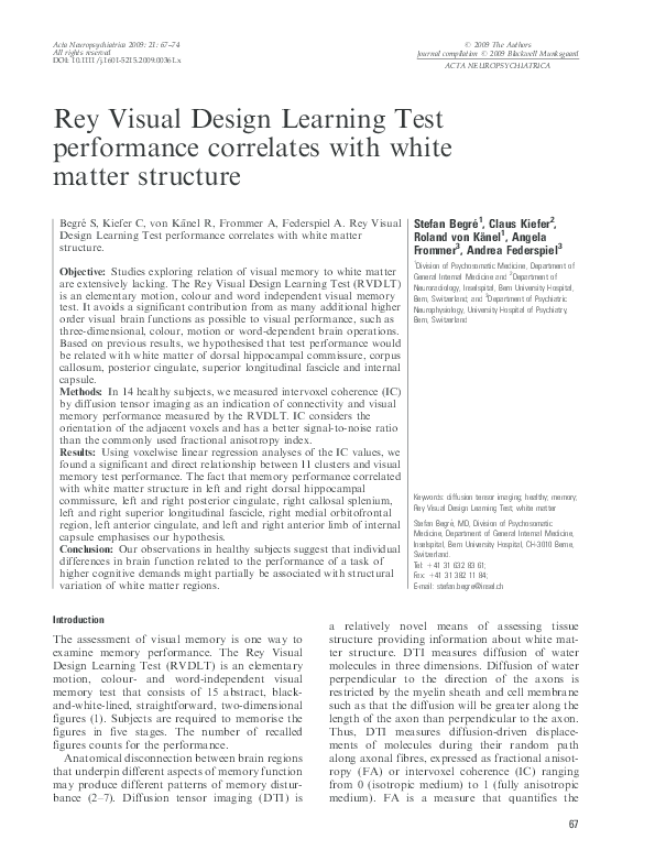 (PDF) Rey Visual Design Learning Test performance correlates with white ...