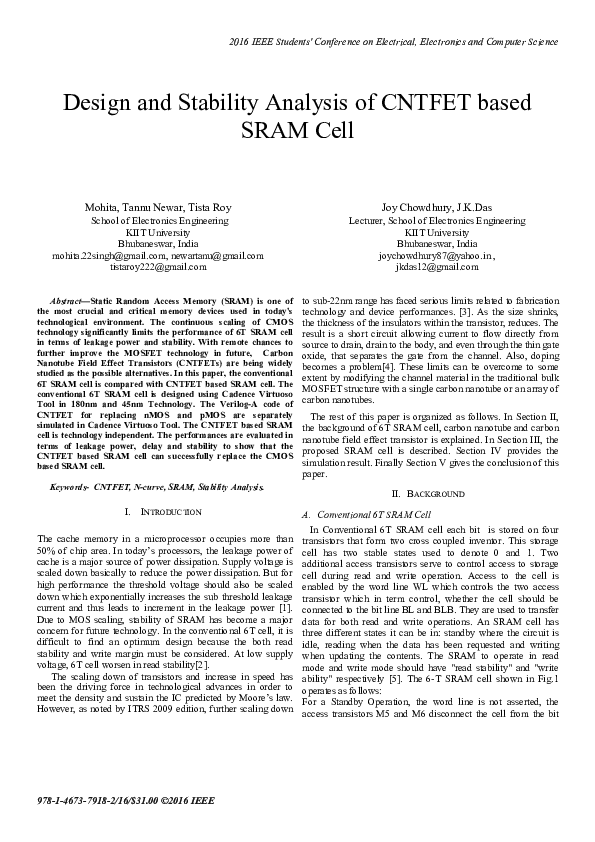 (PDF) Design and Stability Analysis of CNTFET based SRAM Cell