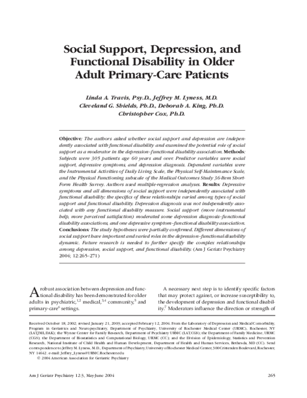 (PDF) Social Support, Depression, and Functional Disability in Older ...