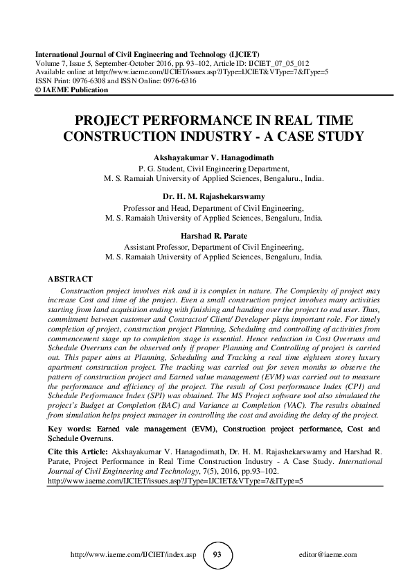 (PDF) PROJECT PERFORMANCE IN REAL TIME CONSTRUCTION INDUSTRY -A CASE STUDY