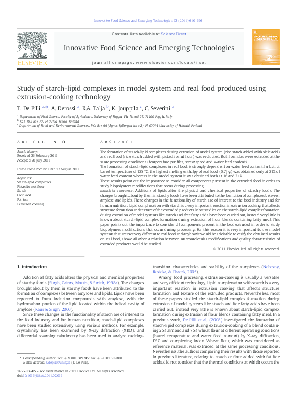 (PDF) Study of starch-lipid complexes in model system and real food produced using extrusion ...