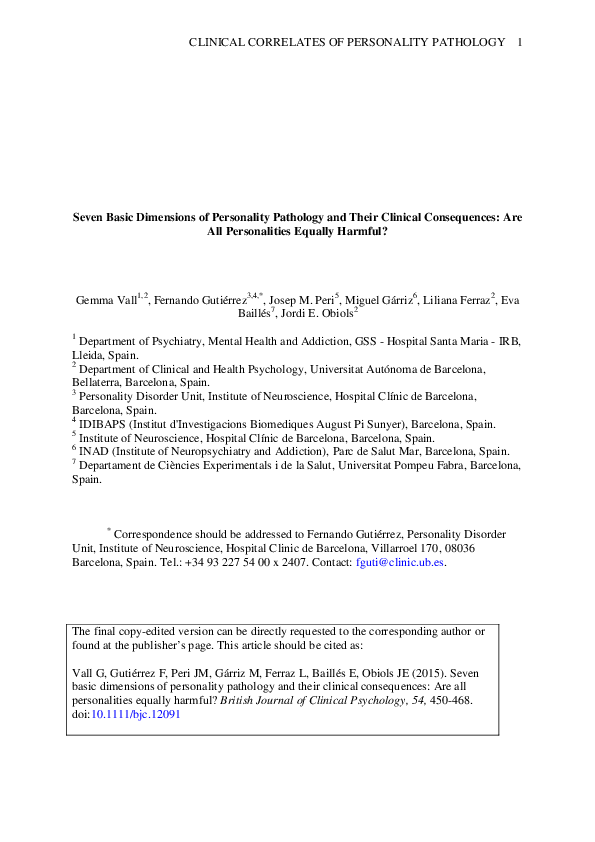 (PDF) Seven Basic Dimensions of Personality Pathology and Their ...
