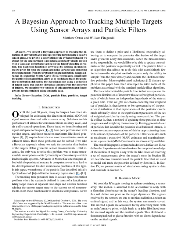 Pdf A Bayesian Approach To Tracking Multiple Targets Using Sensor Arrays And Particle Filters