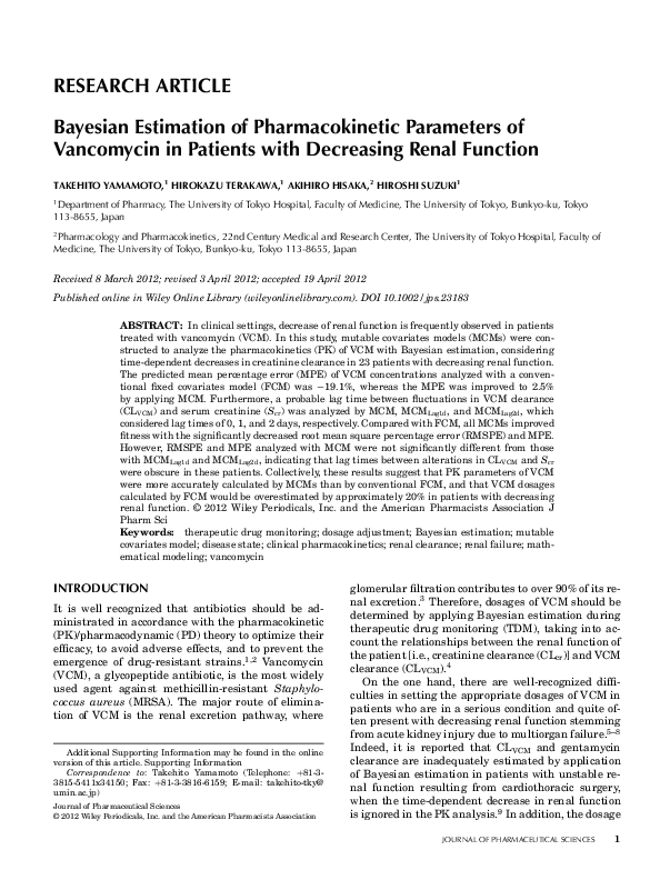(PDF) Bayesian estimation of pharmacokinetic parameters of vancomycin ...