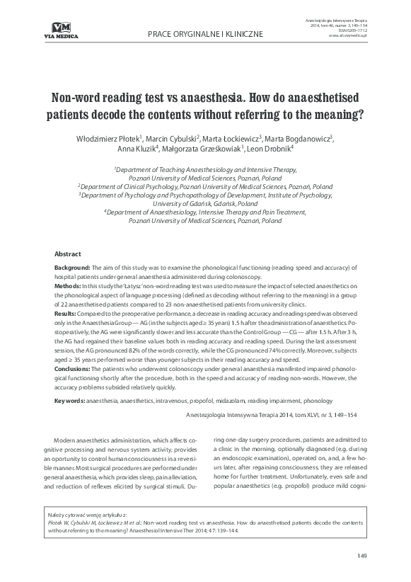 (PDF) Non-word reading test vs anaesthesia. How do anaesthetised ...