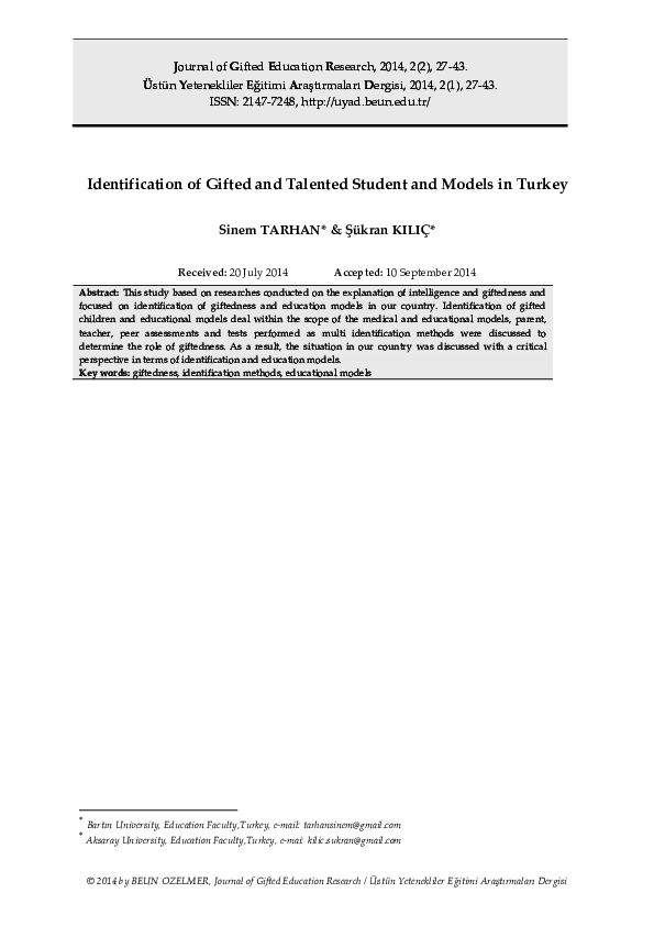 (PDF) Identification of Gifted and Talented Student and Models in Turkey