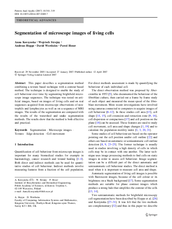(PDF) Segmentation of microscope images of living cells | Pawel Hoser and Anna Korzynska ...