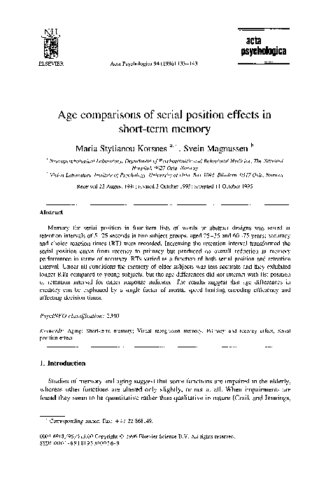 (PDF) Age comparisons of serial position effects in short-term memory