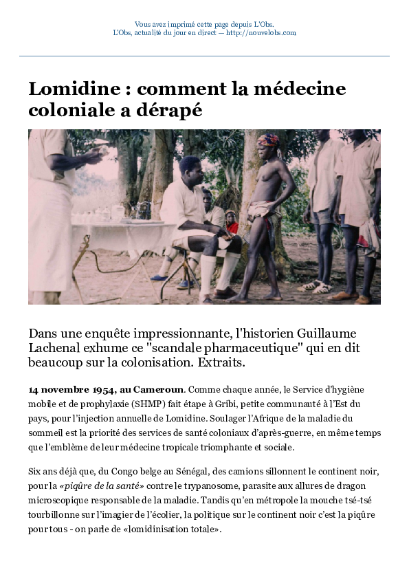 (PDF) "Lomidine : comment la médecine coloniale a dérapé", L'Obs, 12 ...