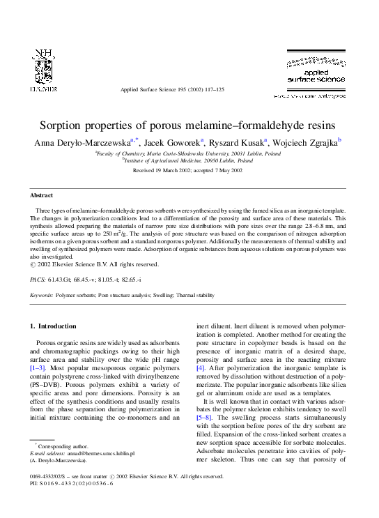 (PDF) Sorption properties of porous melamine–formaldehyde resins