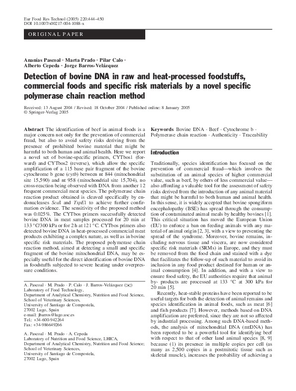 (PDF) Detection of bovine DNA in raw and heat-processed foodstuffs ...