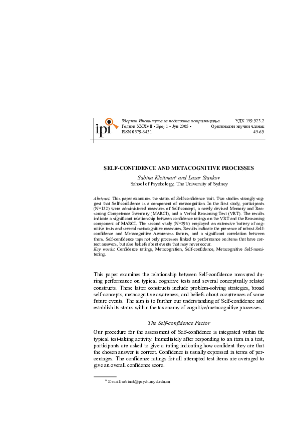 (PDF) Self-confidence and metacognitive processes