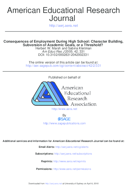 (PDF) Consequences of Employment During High School: Character Building ...