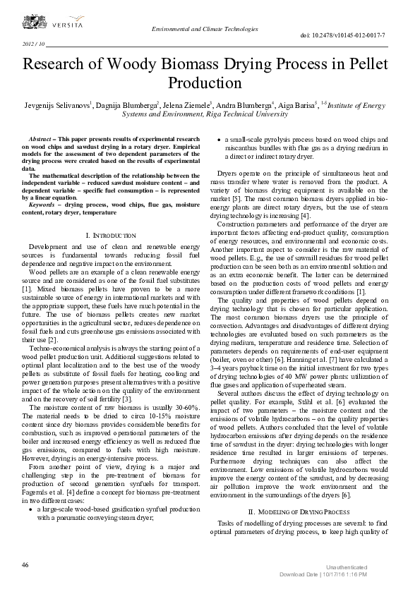 (PDF) Research of Woody Biomass Drying Process in Pellet Production
