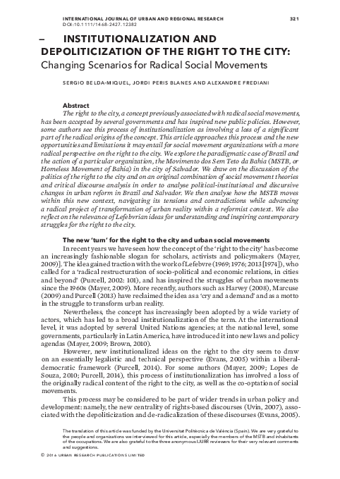 (PDF) INSTITUTIONALIZATION AND DEPOLITICIZATION OF THE RIGHT TO THE ...