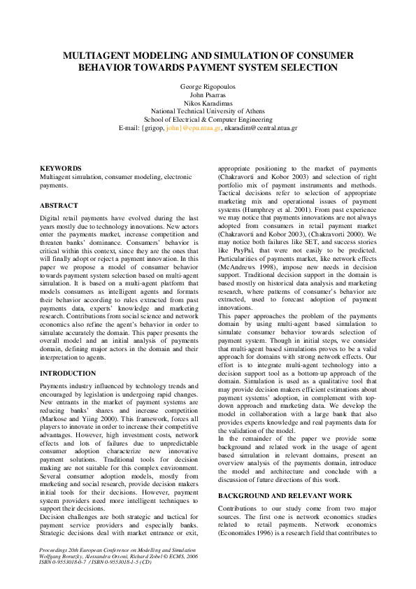 (PDF) MULTIAGENT MODELING AND SIMULATION OF CONSUMER BEHAVIOR TOWARDS PAYMENT SYSTEM SELECTION