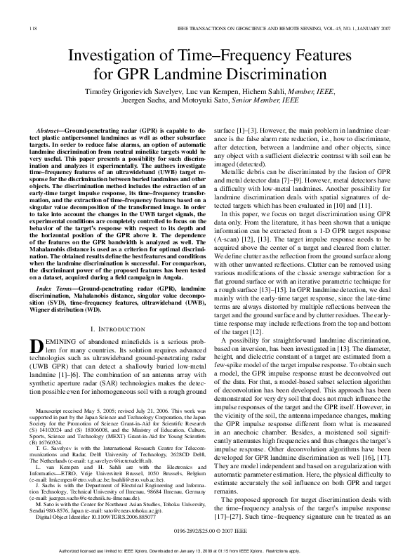 Pdf Investigation Of Time Frequency Features For Gpr Landmine Discrimination