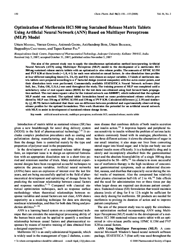 Pdf Optimization Of Metformin Hcl 500 Mg Sustained Release Matrix Tablets Using Artificial