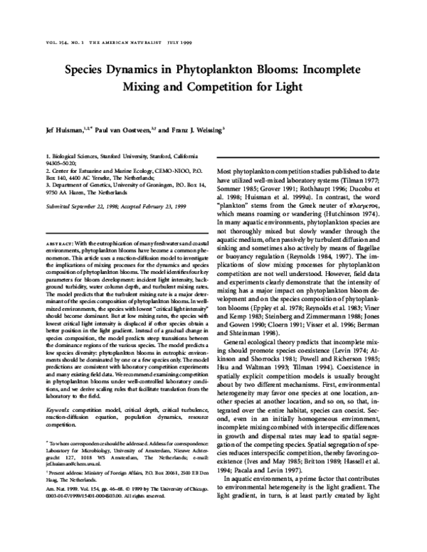 (PDF) Species dynamics in phytoplankton blooms : incomplete mixing and competition for light