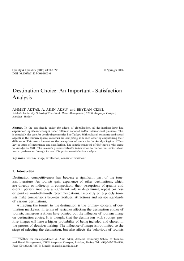 (PDF) Destination Choice: An Important - Satisfaction Analysis
