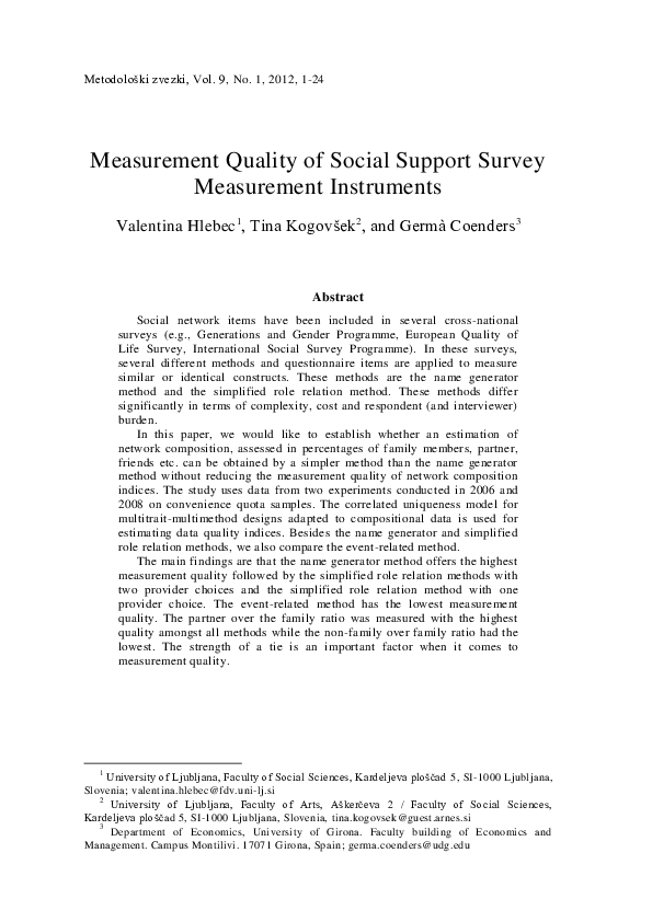 (PDF) Measurement Quality of Social Support Survey Measurement Instruments