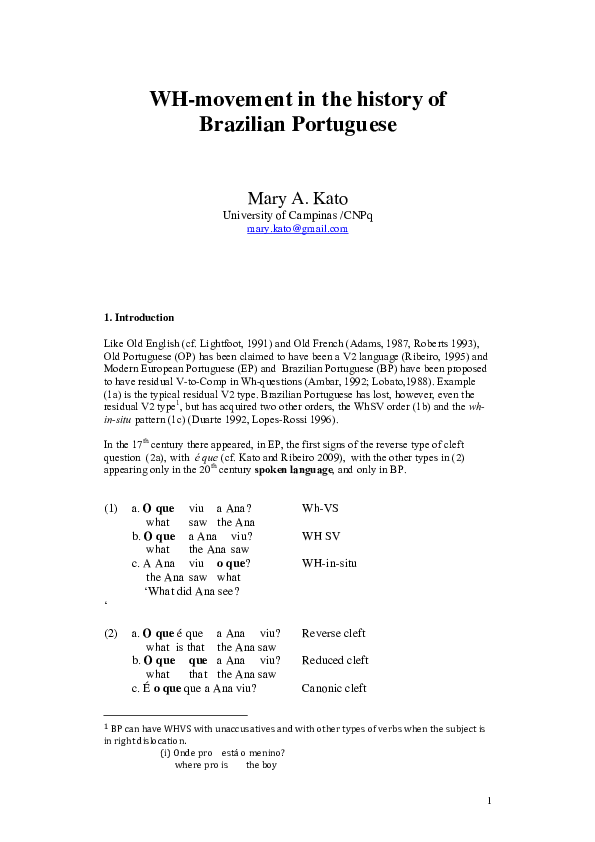 (PDF) Wh-questions in Brazilian Portuguese: a history of structural changes