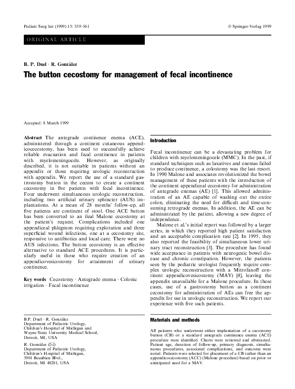 (PDF) Laparoscopic cecostomy button placement for the management of ...