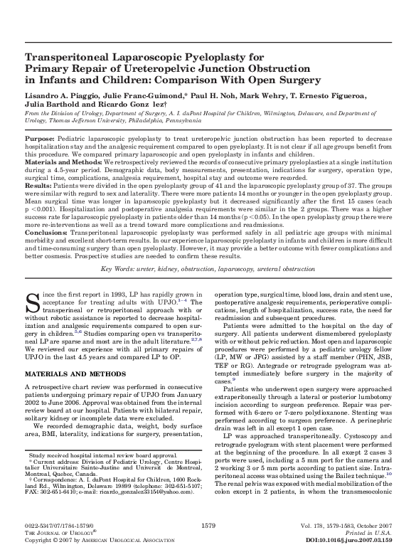 (PDF) Transperitoneal Laparoscopic Pyeloplasty for Primary Repair of ...