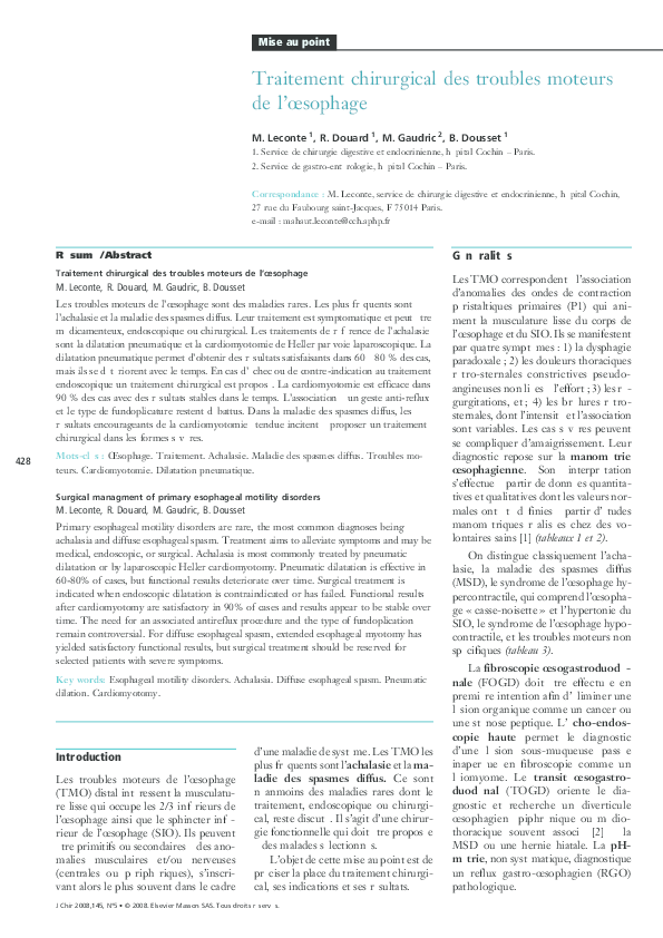 (PDF) Traitement chirurgical des troubles moteurs de l’œsophage