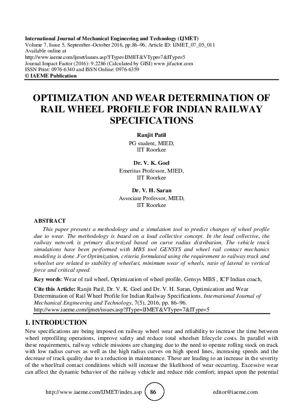(PDF) OPTIMIZATION AND WEAR DETERMINATION OF RAIL WHEEL PROFILE FOR INDIAN RAILWAY SPECIFICATIONS