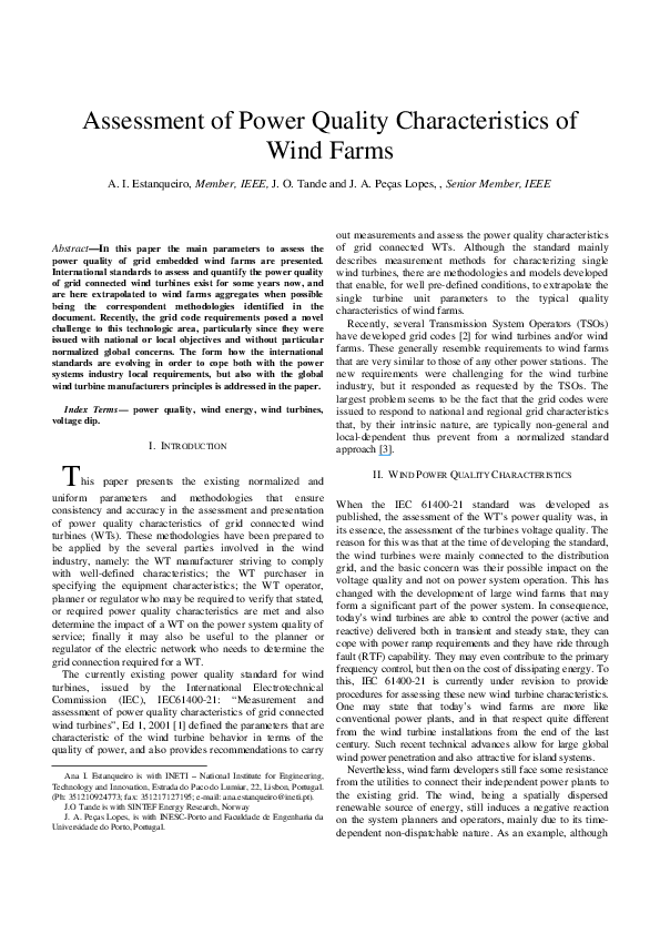 (PDF) Assessment of Power Quality Characteristics of Wind Farms