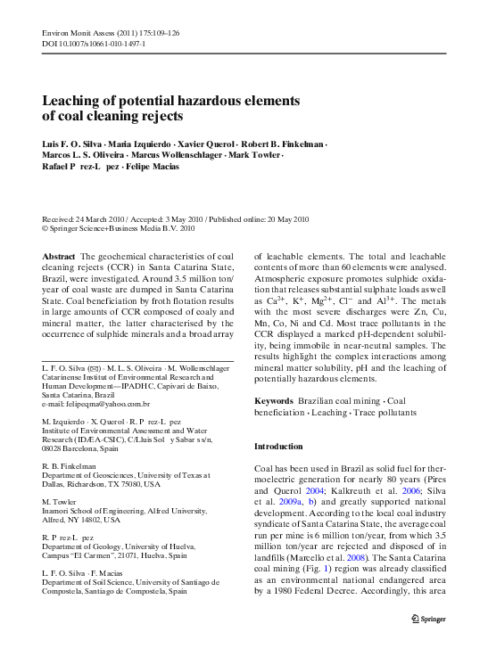 (PDF) Leaching of potential hazardous elements of coal cleaning rejects