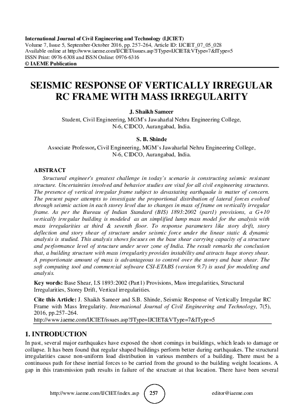(PDF) SEISMIC RESPONSE OF VERTICALLY IRREGULAR RC FRAME WITH MASS IRREGULARITY
