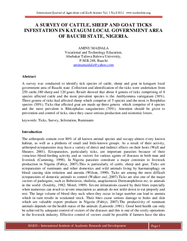 (PDF) A SURVEY OF CATTLE, SHEEP AND GOAT TICKS INFESTATION IN KATAGUM ...