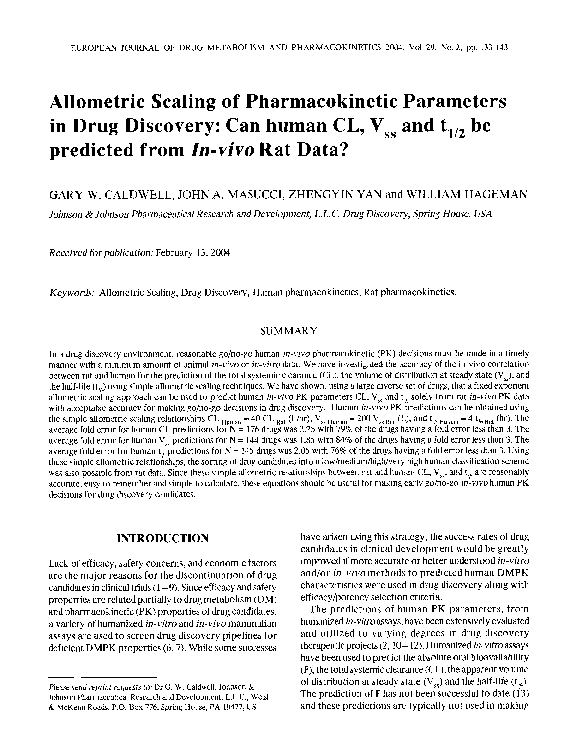 (PDF) Allometric scaling of pharmacokinetic parameters in drug ...