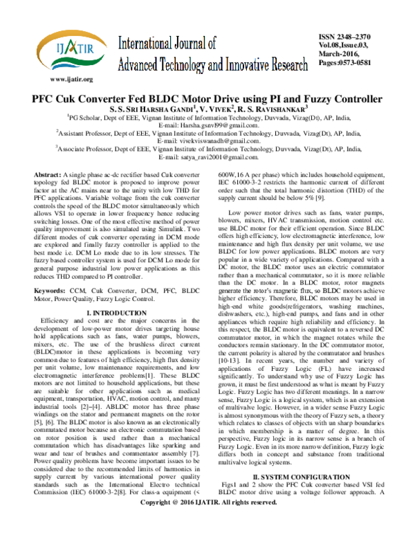 (PDF) PFC Cuk Converter Fed BLDC Motor Drive using PI and Fuzzy Controller