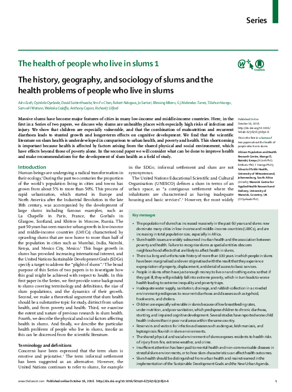 (PDF) The health of people who live in slums 1 The history, geography ...