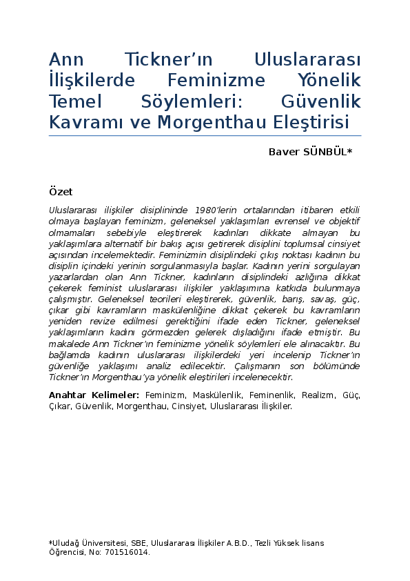 (DOC) Ann Tickner’ın Uluslararası İlişkilerde Feminizme Yönelik Temel ...