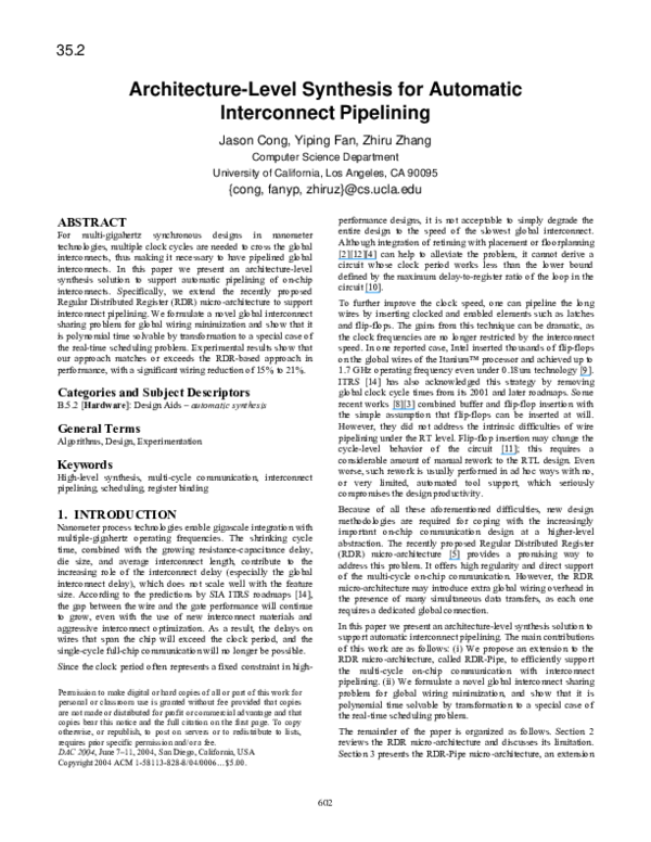 (PDF) Architecture-level synthesis for automatic interconnect pipelining