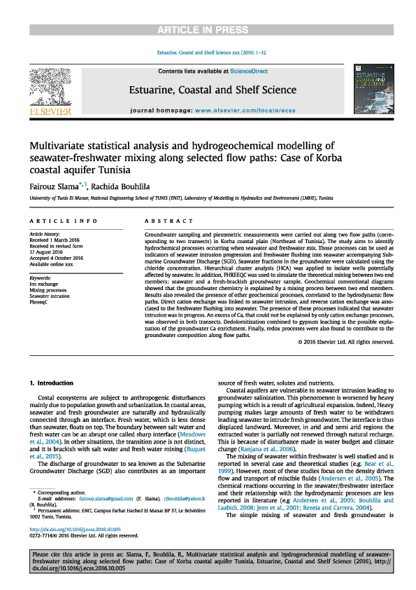 Pdf Multivariate Statistical Analysis And Hydrogeochemical Modeling Of Seawater Freshwater